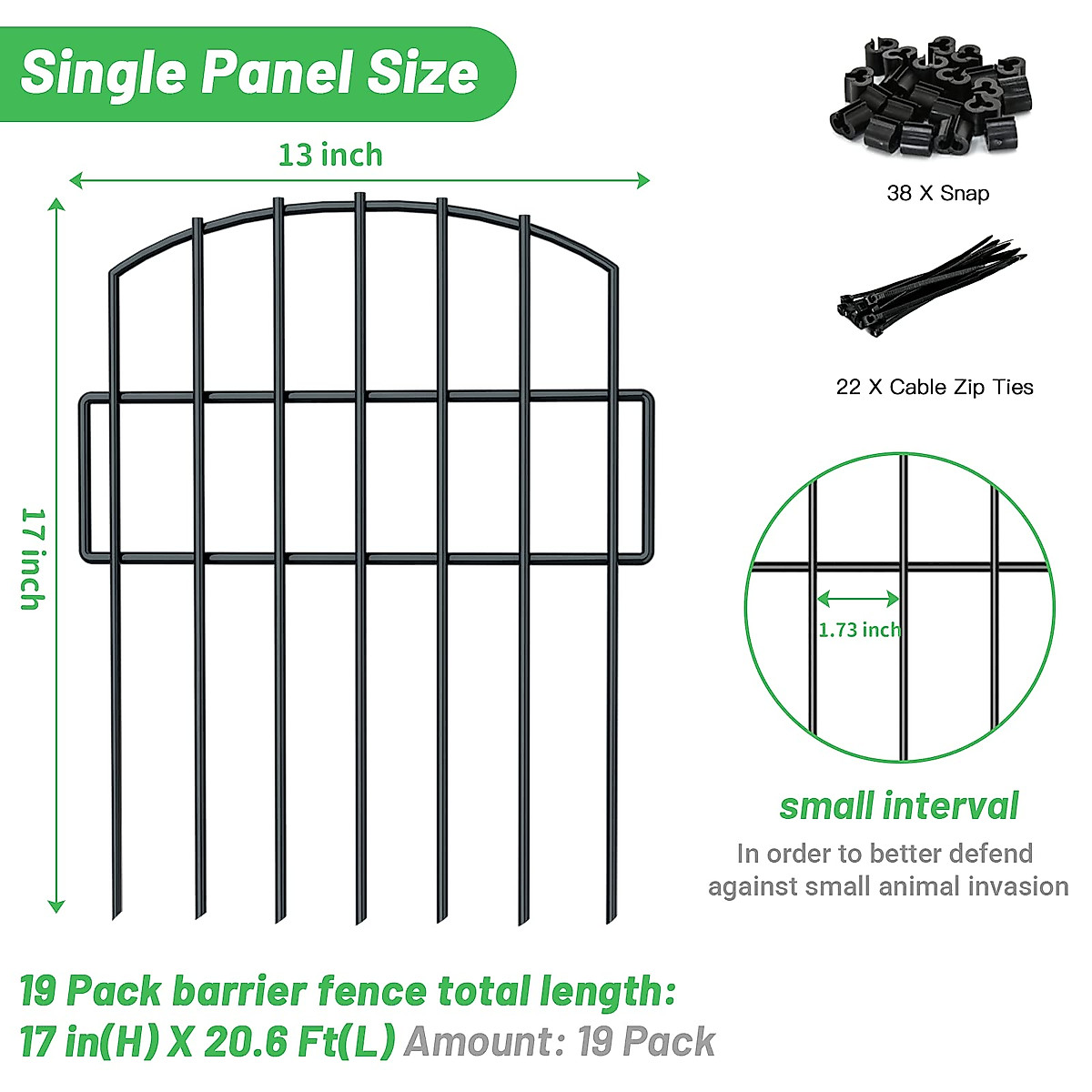 19 Pack Animal Barrier Fence, 20.6 Ft(L) X 17 in(H) No Dig Garden Decorative Fence Rustproof Garden Fence Border for Dog Rabbits Ground Stakes Defense and Outdoor Patio, T Shape