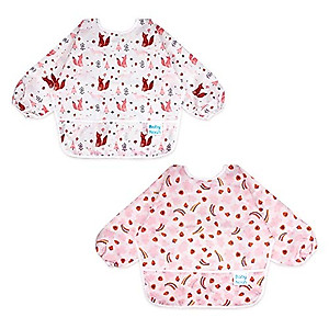 2 Pcs Long Sleeved Bib Set | Baby Waterproof Bibs with Pocket Bundle | Toddler Bib with Sleeves and Crumb Catcher | Play Smock Apron | 6-24 Months