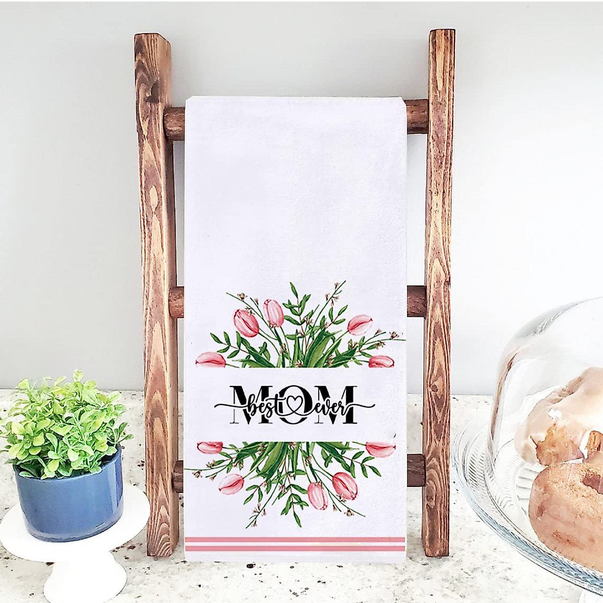 Secarond Blssed Mom Tulip Mason Jar Kitchen Dish Towel 18 x 28 Inch Set of 2, Happy Mother's Day Spring Summer Floral Tea Towels Gift Dish Cloth for Cooking Baking