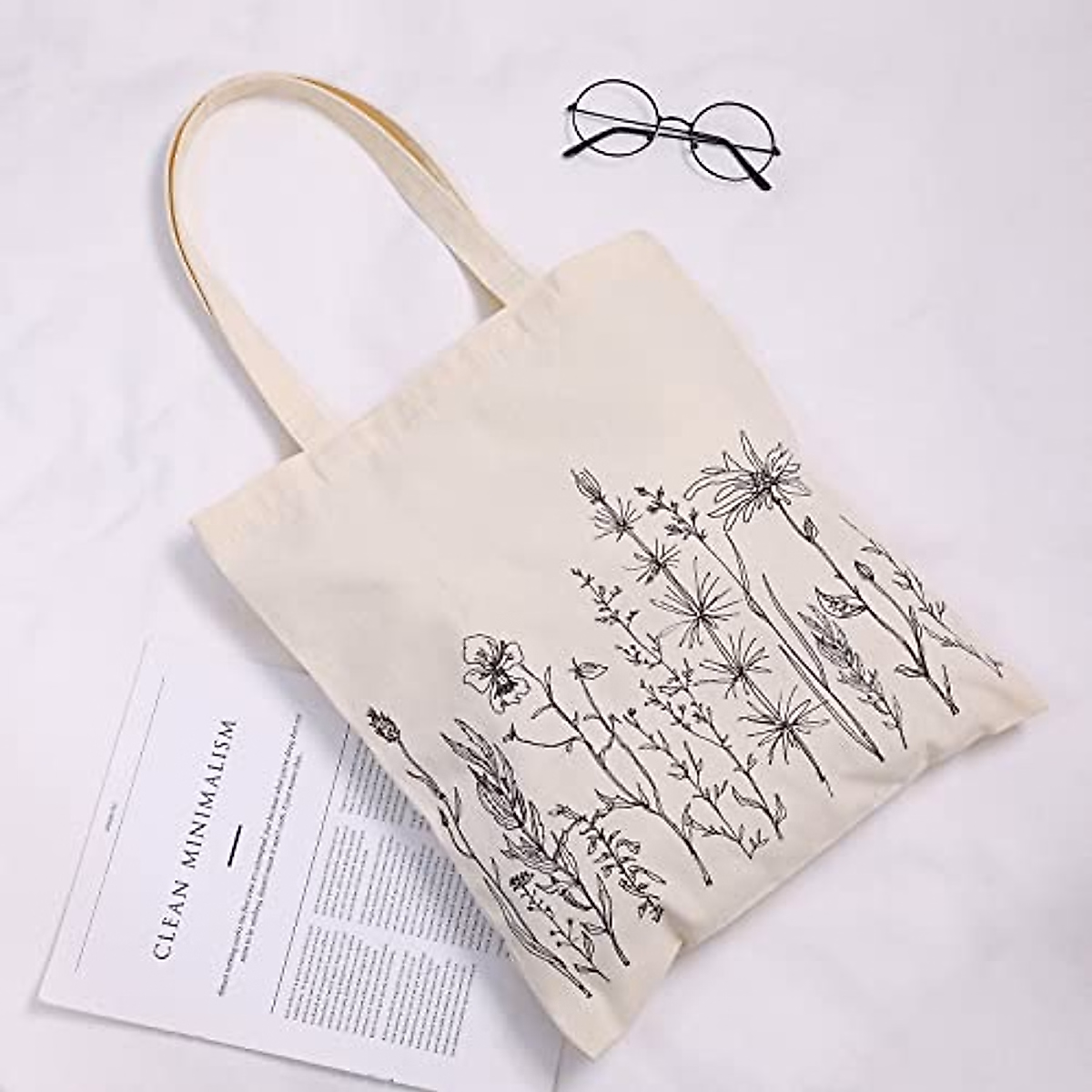 4 Pcs Canvas Tote Bag for Women Floral Cat Mushroom Tote Bags Aesthetic Reusable Shopping Tote Bag for Girls Christmas Gift(Wildflower)