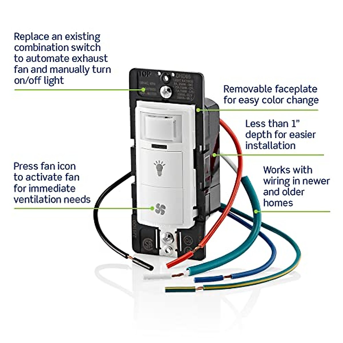Leviton DHD05-1LW Dual Combination Humidity Sensor with Separate Light Switch, automate bathroom exhaust fan, air circulation, moisture control, ¼ HP, Single Pole/Single Pole, White