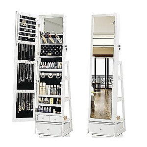 MASMIRE 360° Swivel Full Length Mirror Jewelry Cabinet Standing With Built-In Mirror - 63.7”H Jewelry Armoire With Mirror & 3 Drawers, Lockable Storage Mirror With 3 Storage Racks (Off-White)