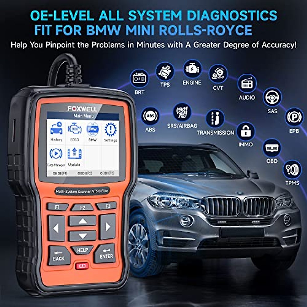 FOXWELL NT510 Elite OBD2 Scanner fit for BMW Full System Car Code Reader Diagnostic Tool with All Reset Services, Battery Registration ABS Bleed Airbag EPB Oil SAS TPS CKP Bidirectional Active Test