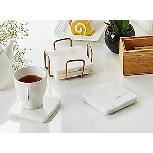 Queenza Marble Coasters with Holder, Set of 4 Gold Coasters for Drinks , 4 Inch Modern Coasters for Coffee Table - Natural White Coasters with Padded Bottom