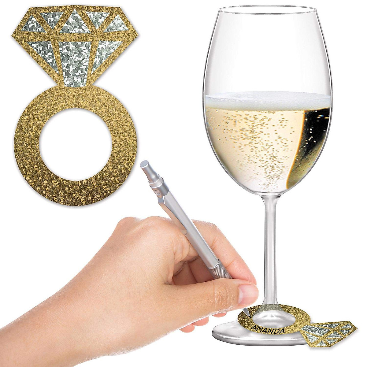 Beistle 57325 Diamond Ring Wine Glass Markers 48 Piece, 2.25" x 3.5", Gold/Silver