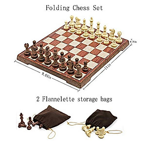 Magnetic Folding Chess Set,11"x 9.64" Portable Travel Chess Game Board Set,Magnetic Crafted Chess Pieces Storage with 2 Flannelette Bags,Perfect Kids Beginners and Adults