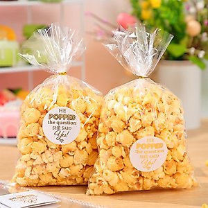 AIOMOB 50 Pack He Popped the Question Popcorn Bags Engagement Party Favors Decorations She Said Yes Sticker Clear Popcorn Favor Bags for Engagement Party Bridal Shower Wedding Supplies