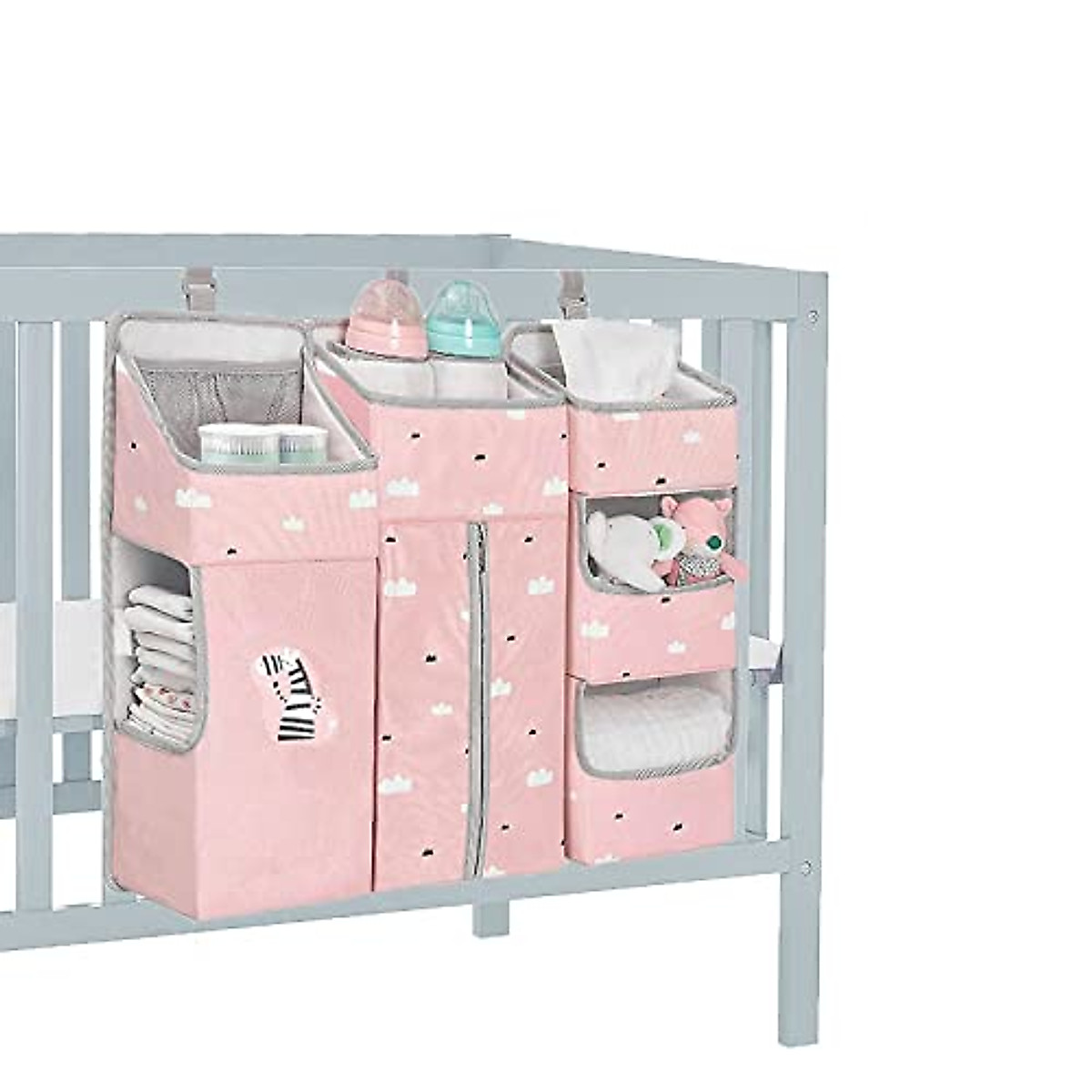 TOCKONIMN Hanging Diaper Caddy Organizer for Baby Crib - 3-in-1 Diaper Stacker for Changing Table Nursery Organization Storage Holder for Baby Essentials Attachment Portable Combining Clothing (Pink)