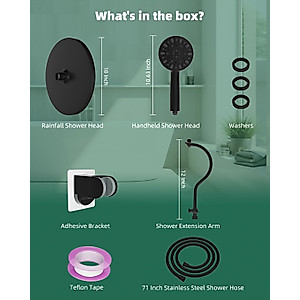 Hibbent 10'' Self-cleaning Rain Shower Head, High Pressure Handheld Shower Head, Showerhead Combo with 12'' Adjustable Curved Shower Extension Arm, 7-Spray, 71'' Hose, Showerhead Holder, Matte Black