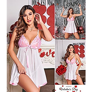 Avidlove Women Lingerie Lace Babydoll V Neck Sleepwear Strap Chemise Strap Chemise Babydoll Lingerie Set White M