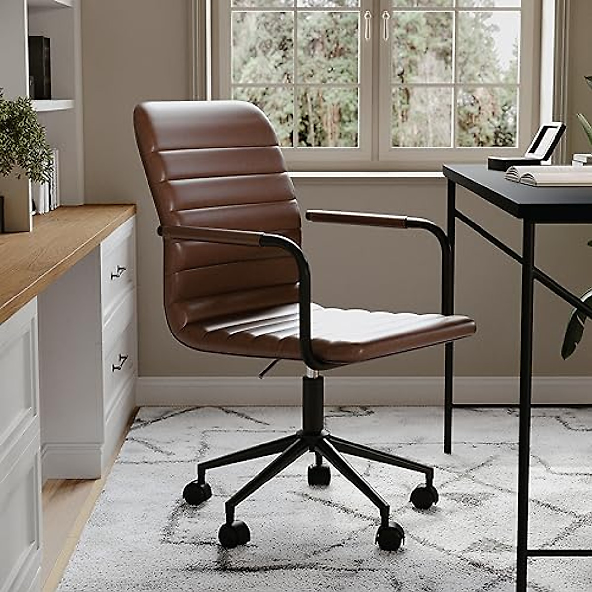Martha Stewart Taytum Swivel Task Chair with Armrests for Home Office in Saddle Brown Faux Leather with Oil Rubbed Bronze Frame