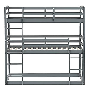 PPHome Twin Over Twin Over Twin Triple Bunk Bed, Bed Frame with Full-Length Guardrail, Space-Saving Design, Built-in Ladder & Solid Slat Support for Kids Teens Bedroom, No Box Spring Needed, Grey