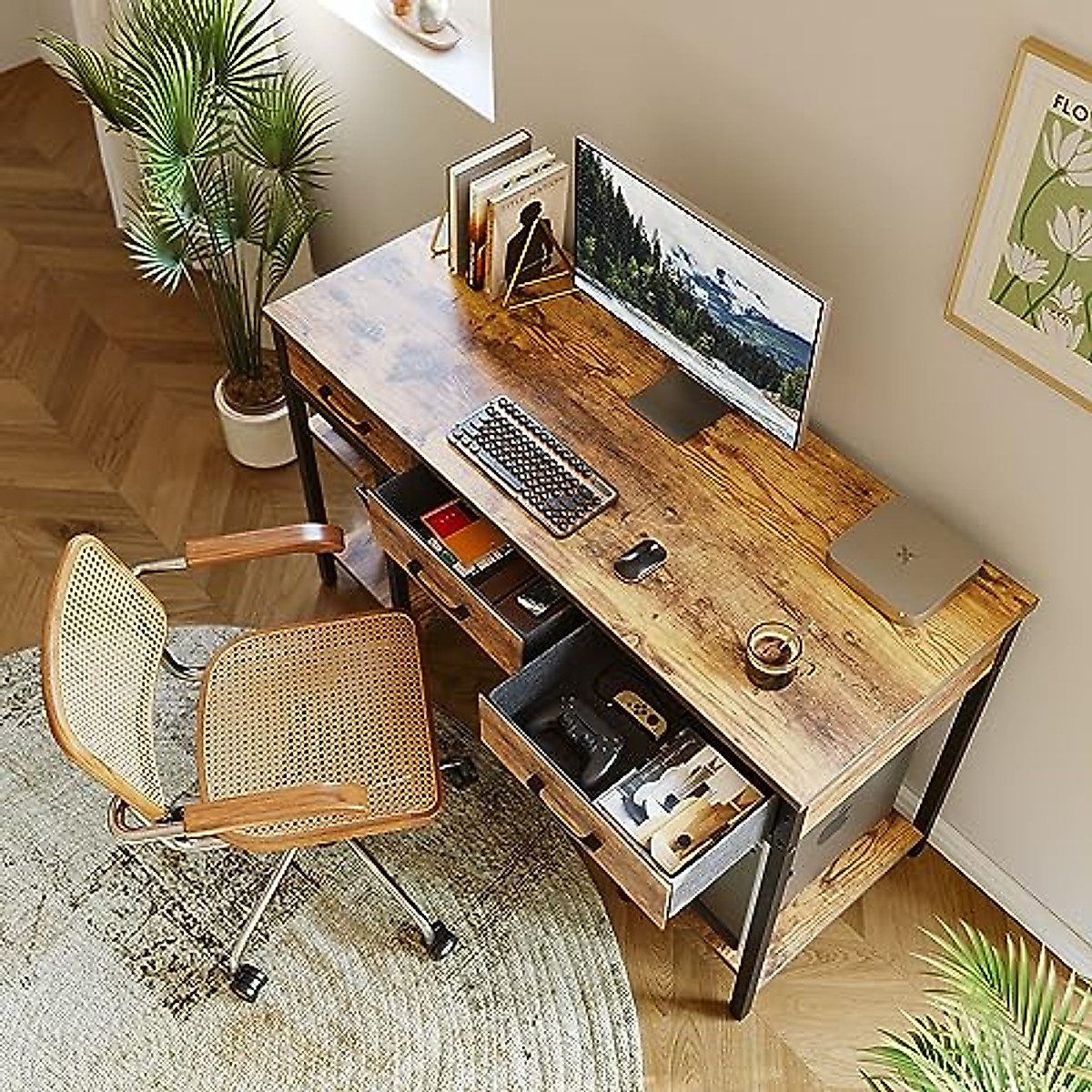 CubiCubi 47 Inch Computer Desk with Fabric Drawers and Storage Shelfs, Small Office Home Desk, Study Writing Table, Modern Simple Desk, Rustic Brown