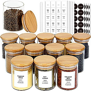 JuneHeart 32 PCS Glass Spice Jars with Bamboo Lids and 194 Waterproof Labels, 4oz Clear Food Storage Containers for Kitchen Sugar Salt Coffee Beans