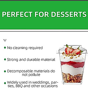 PLAZOTTA 80 Pack 5.4 oz Clear Plastic Dessert Cups with 80 Tasting Spoons and 80 Lids, Square Parfait Appetizer Cups Bowls for Party, Weddings - Flat Lid