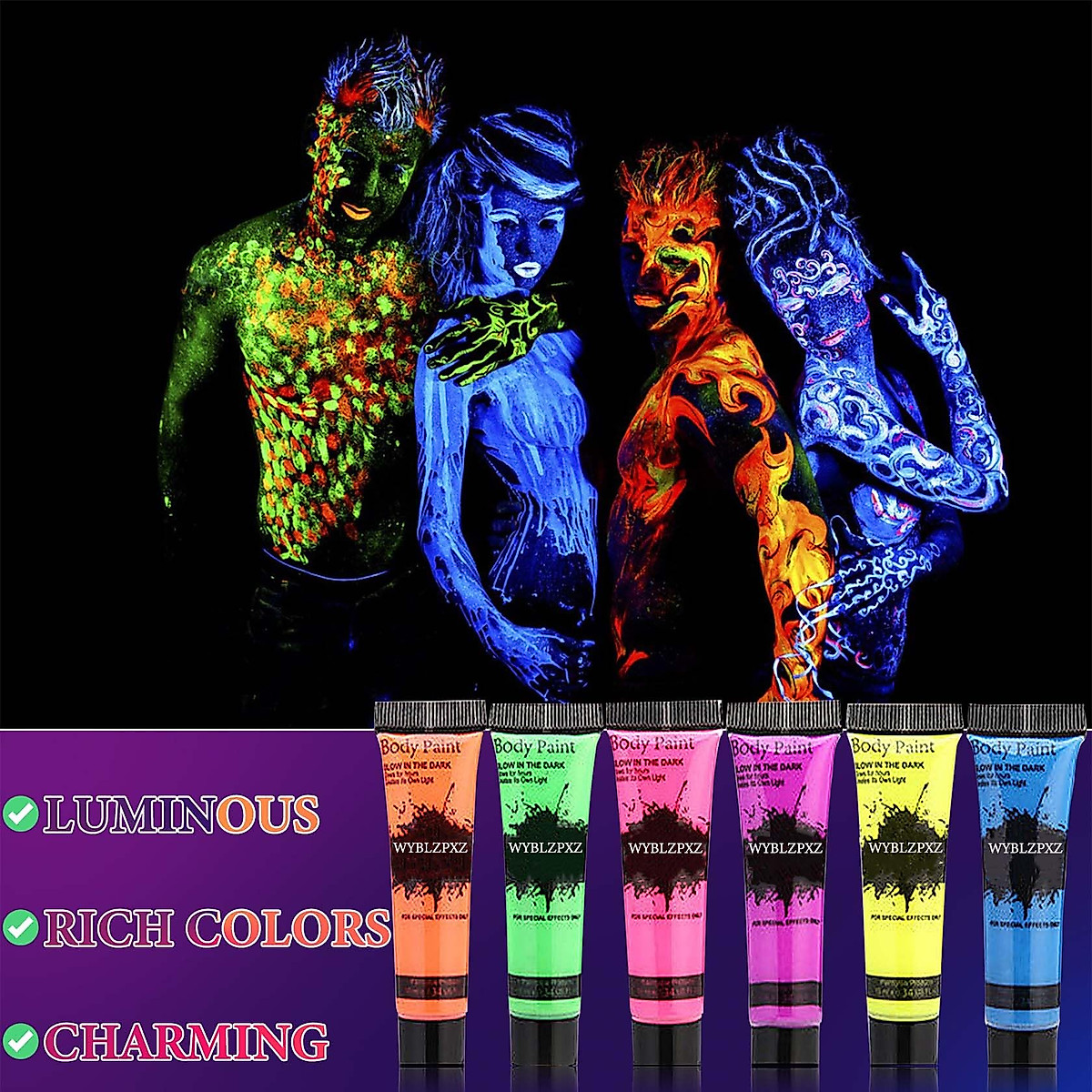 WYBLZPXZ 6 Pcs Glow in Dark Face Body Paint,Black Light Glow Makeup Set Neon Fluorescent,Glow Blacklight Body Face Paint Set Face Painting for Music Festivals Party Halloween