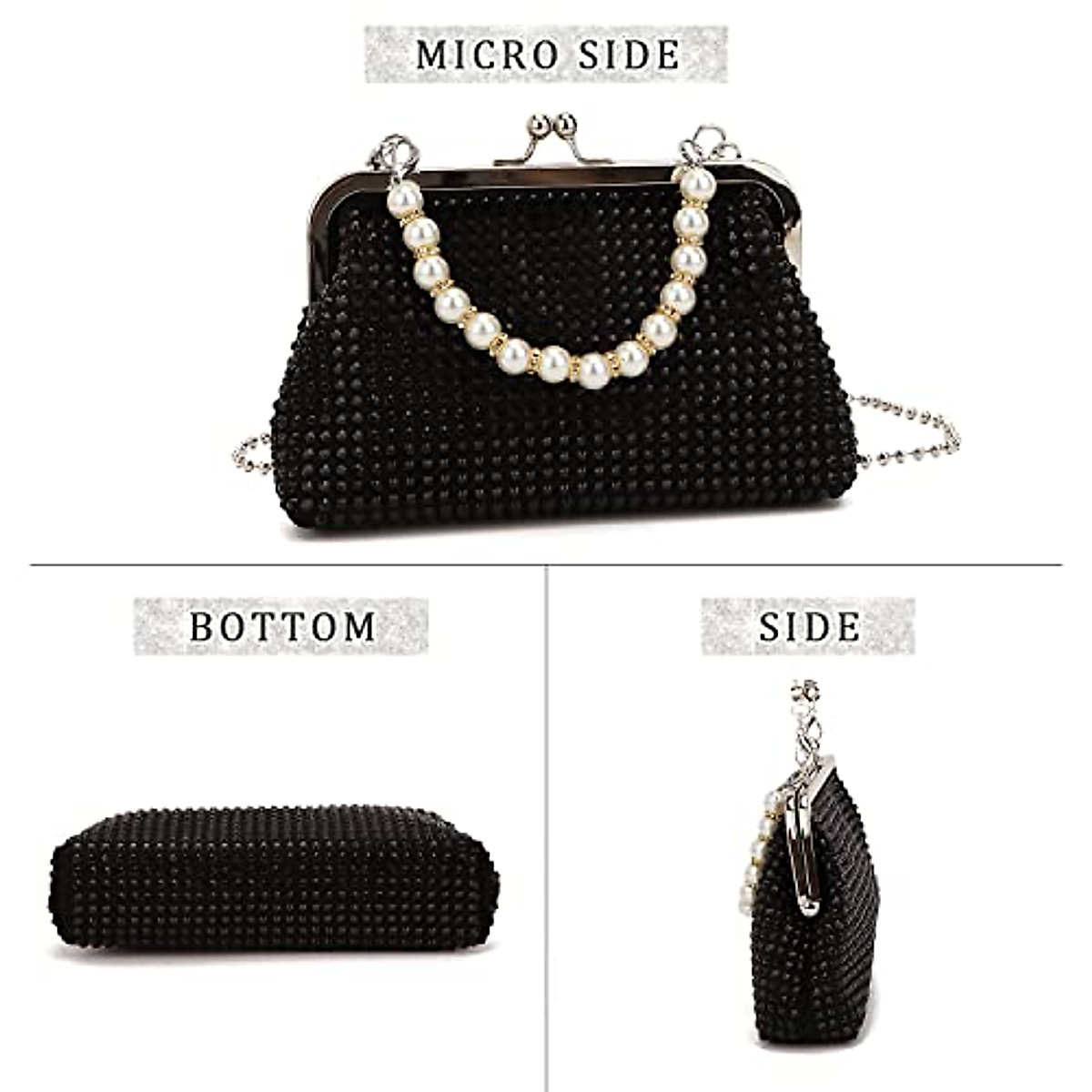 SUKUTU Women Luxury Full Rhinestone Shoulder Bag Noble Kiss Lock Crystal Messenger Bag Clutch Handbag with Pearl Beaded Chain