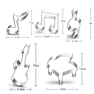WOTOY Guitar, Piano,Musical Notes Sign Music Theme Biscuit Cookie Cutter 5 Piece Set - Stainless Steel