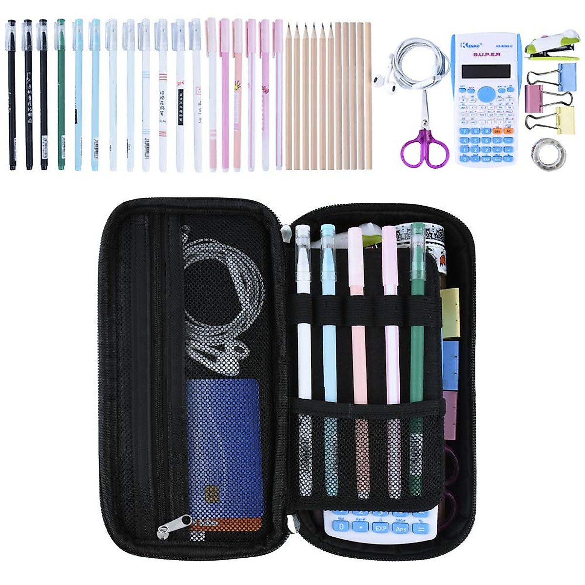 Chelory Big Capacity Pencil Case Large Pencil Bag Pouch Portable Pen Pencil Marker Cases Holder Multi Functional Office Stationery Storage Organizer Supplies Makeup Bag Men Women, Black