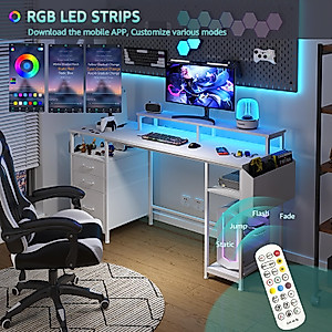 Lufeiya White Computer Desk with File Drawers Cabinet, 55 Inch Home Office Desk with Monitor Stand Shelves, Writing Study Gaming Desks with Led Lights and Power Outlets for Bedroom, White