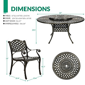 VIVIJASON 9-Piece Patio Dining Set, Rust-Free Cast Aluminum Outdoor Furniture Set, 8 Patio Dining Chairs and 61" Round Dining Table with 31" Lazy Susan, Umbrella Hole for Backyard, Patio, Garden