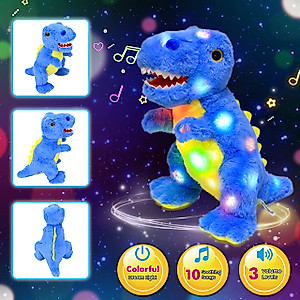 Cuteoy Blue Dinosaur LED Musical Stuffed Animal Light-up Singing Plush T-Rex Adjustable Volume Lullaby Plushies Birthday Christmas Toy Gifts for Kids Toddler Girls, 12"
