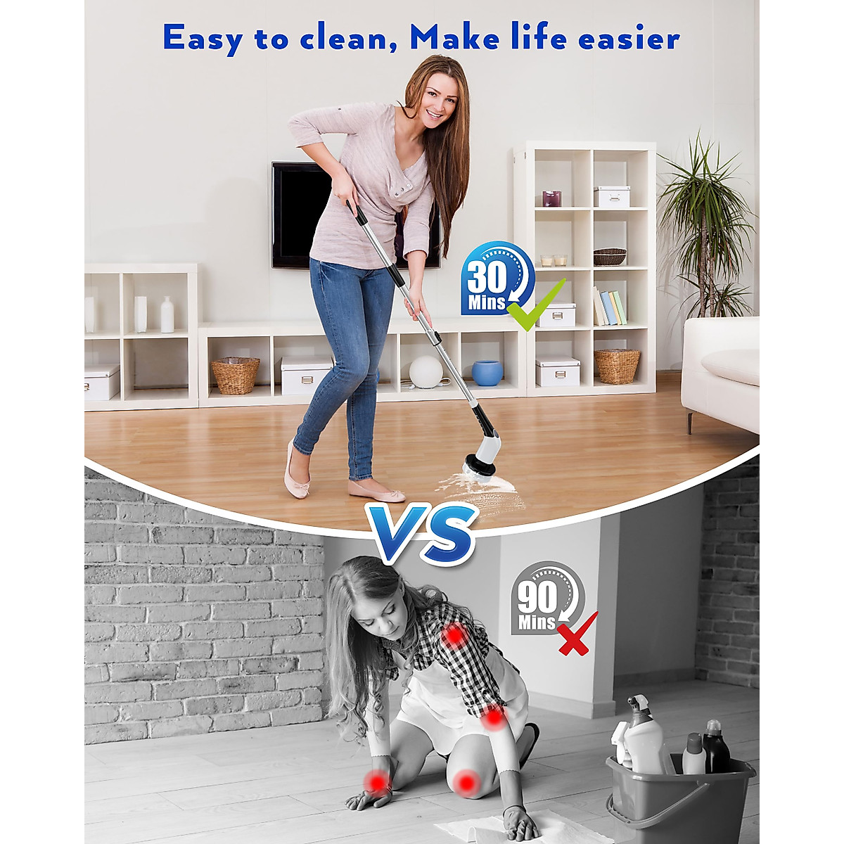 cllis Electric Spin Scrubber, Shower Scrubber with Long Handle & 8 Replaceable Brush Heads, 3 Speeds Cleaning Brush Power Scrubber, Adjustable Extension Handle Spin Brush for Cleaning Bathroom,Tub