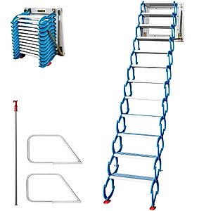 VEVOR Attic Steps Pull Down 12 Steps Attic Stairs, Alloy Attic Access Ladder, Blue Pulldown Attic Stairs, Wall-mounted Folding Stairs for Attic, Retractable Attic Ladder with Armrests, 9.8 feet Height