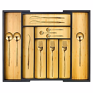 Cozee Bay Bamboo drawer organizer, utensil holder, silverware organizer, and adjustable cutlery tray with drawer dividers, for kitchen, office desk, and bathroom storage (Black)
