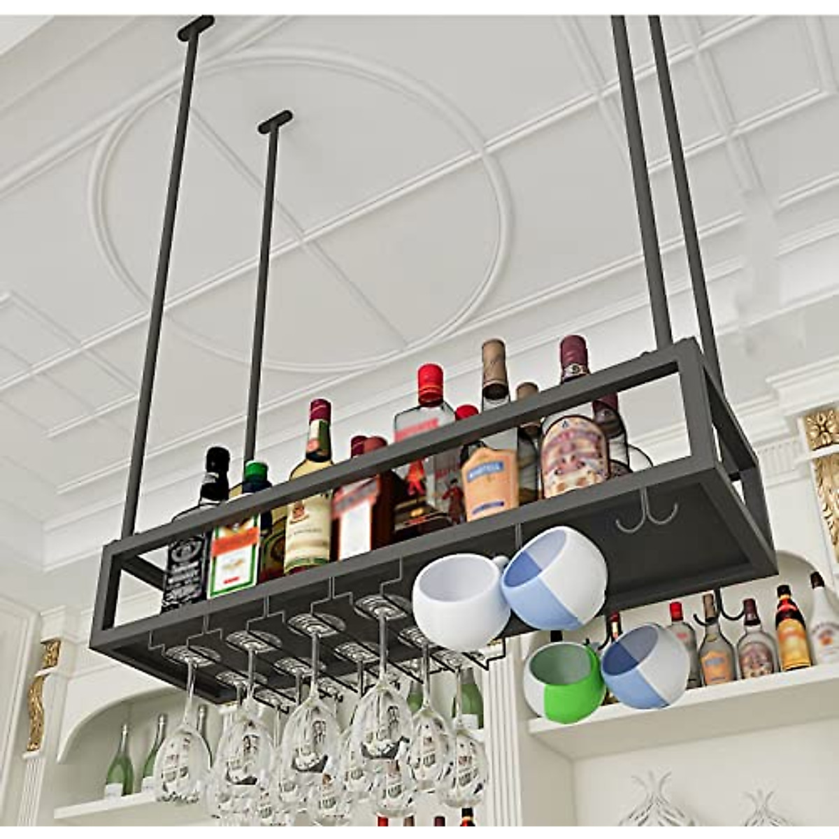 DICKIS Hanging Wine Rack with Glass Holder and Shelf, Adjustable Height and Width Metal Ceiling Bar Wine Glass Rack, Industrial Wall Mounted Wine and Glass Rack (Color : Black, Size : 100x25x21cm)