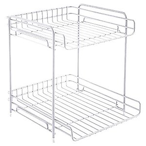 Lainrrew 2 Tier Cabinet Organizer, Stackable Under Sink Mesh Basket Organizer Under the Sink Storage Organizer for Home, Kitchen, Bathroom, Countertop (White)