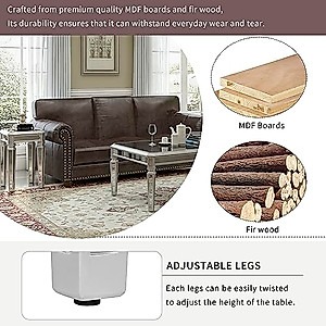 3-Piece Coffee table and End Tables Set,Glass Mirrored Coffee Table with Adjustable Height Legs and Crystal Design,Fashionable Cocktail Table,Easy Assembly Rectangular Glass Coffee Table,Silver