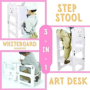 4-in-1 [Fun Ninja] Toddler Kitchen Step Stool for Children and Toddlers, Whiteboard & Art Desk, Safety Rail Tower for Kids, Parent Assistant Stepping Stool (White, Bundle)