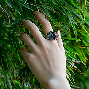 AROTOROM 925 Sterling Silver Ring with Solid Polished Rectangle Black Onyx Ring,Black Square Stone Turkish Ottoman Signet Rings, Sterling Silver Stone, Agate