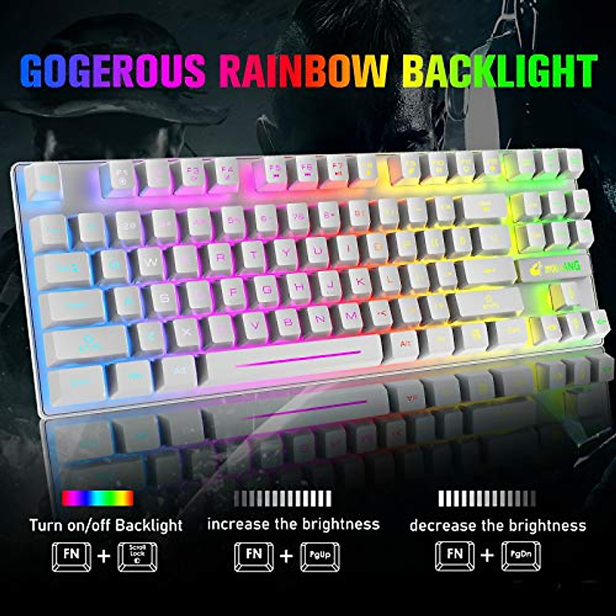 Wireless Gaming Keyboard Mouse and Wrist Rest Set with 87 Key Rainbow Backlight Rechargeable 3800mAh Battery Mechanical Feel Anti-ghosting Ergonomic Waterproof Mute Mice for PC Mac Gamer (White Mix)