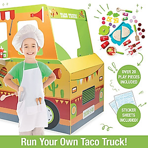 Taco Truck Wooden Playset, 30 Toy Pieces Including Cook Top, Steering Wheel, Sink, Sticker Sheet for Kids Name, Food, Taco Shells, Cheese, Patties, Dual Sided Play Stand Set for Indoor Fun, Ages 3+