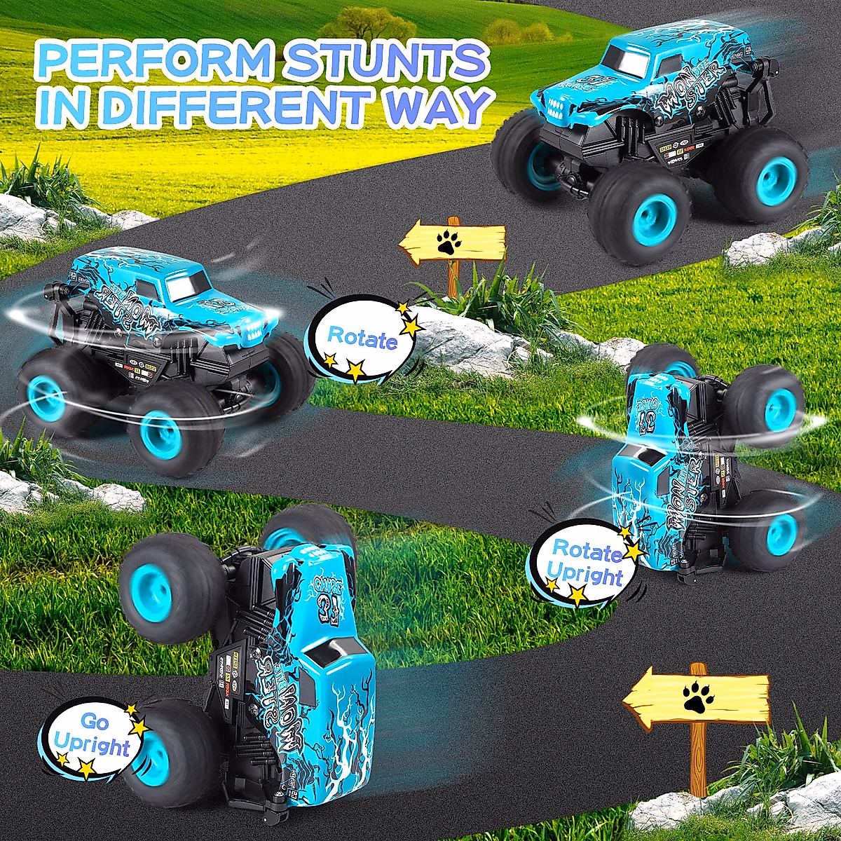 DYODYORC Remote Control Car, 2.4Ghz All Terrain Dinosaur Monster Truck Toys, RC Truck with Music, 3 Lighting Effects, 360 Stunt Capable, All included Ready to Run, Toy Gifts for Boys and Girls (Green)