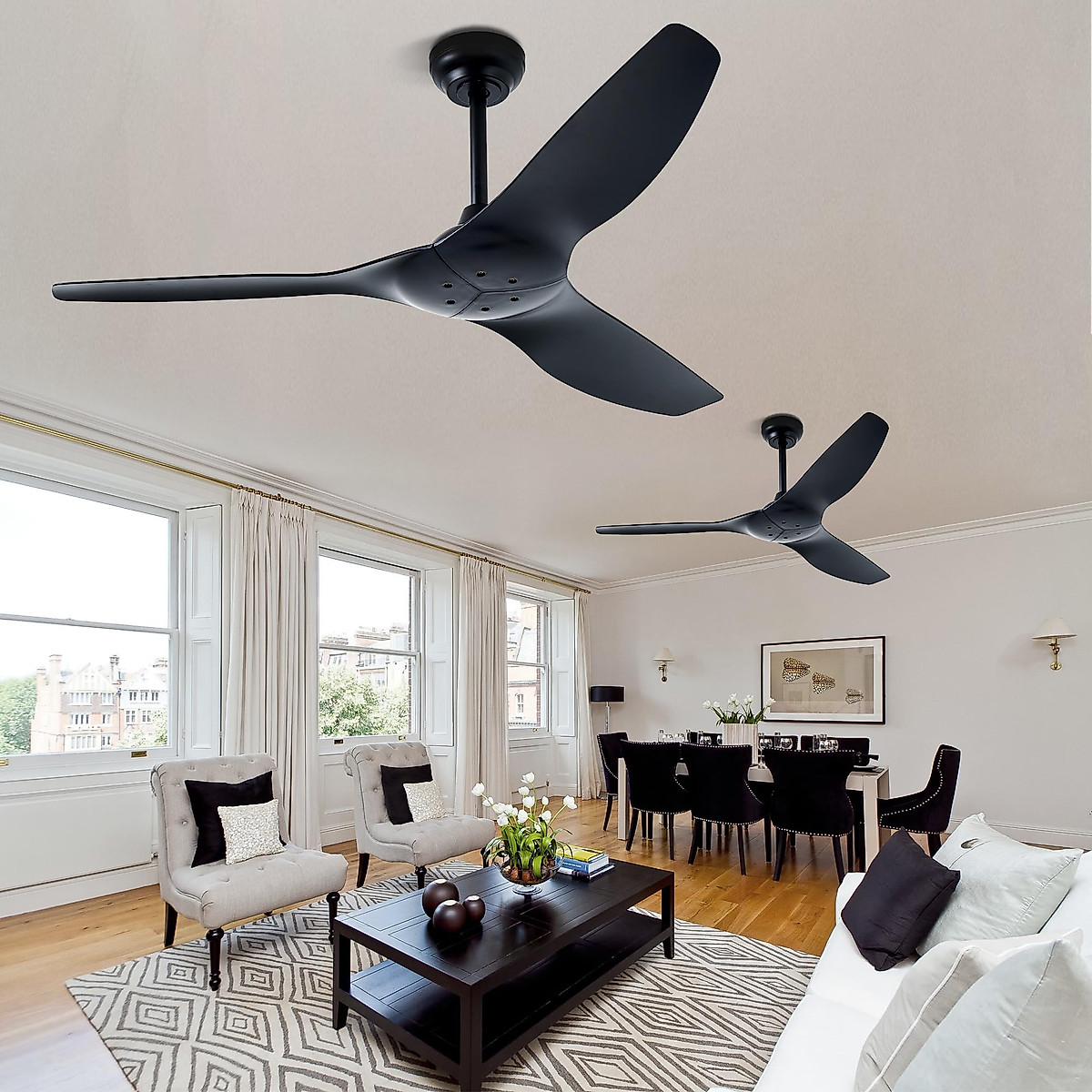 HUMHOLD 52" Ceiling Fan no Lights with Remote, Reversible DC Motor 6-Speed Ceiling Fan, 3 Blades Black Ceiling Fan without Light, Modern Propeller Ceiling Fans for Bedroom, Living Room
