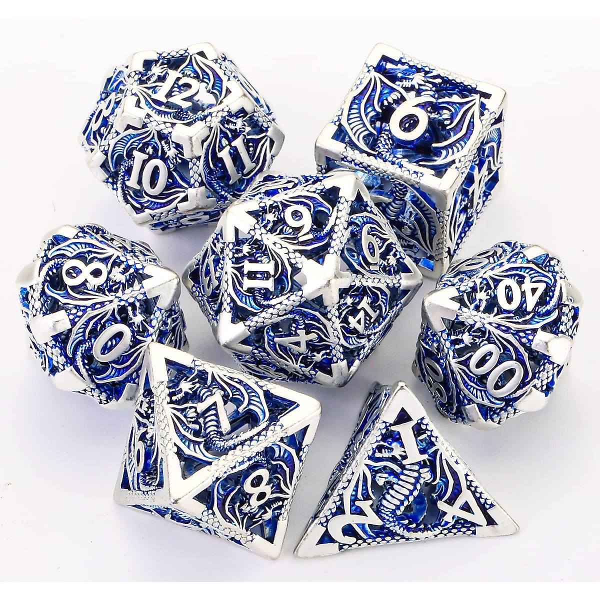Polyhedral Dice Set Hollow Metal DND Dice Dungeons and Dragons Dice Set Gifts 7CPS Role Playing Dice Set with Gift Metal Box Suitable for D&D Table Games Cards Tower MTG RPG(Dragon_Pearl Silver Blue)