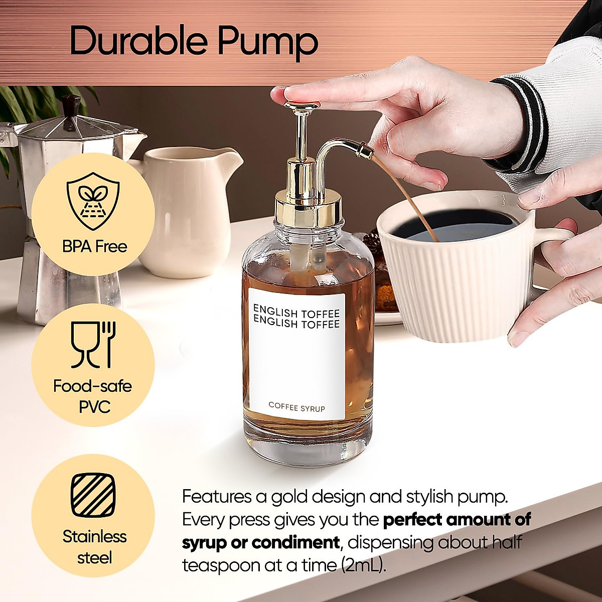 Set of 2 Coffee Syrup Dispensers for Coffee Bar - 16.9oz Glass Bottles with Gold Pumps and Labels, BPA Free & Durable, Ideal for Cinnamon, Vanilla, Caramel, and More Coffee Accessories