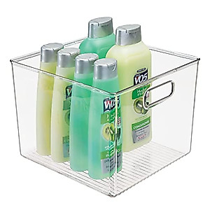 mDesign Plastic Modern Storage Organizer Bin Basket with Handles for Bathroom Organization - Shelf, Cubby, Cabinet, Vanity, and Closet Organizing Decor - Ligne Collection - 4 Pack - Clear