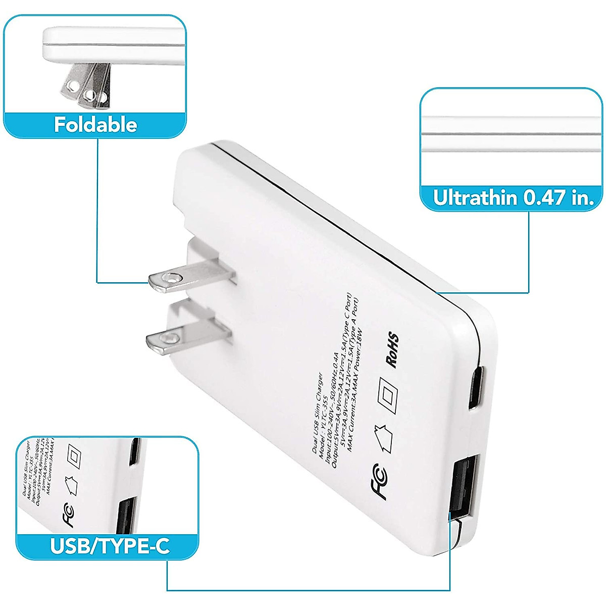 Dual Flat Wall Charger, Fast 30W Flat USB Wall Plug, 2 in 1 Foldable Slim USB C Wall Charger for USB Type-C & Type-A Devices, iPhone 15 14 13 12 Pro Max, iPad, Airpods, Samsung Galaxy and More