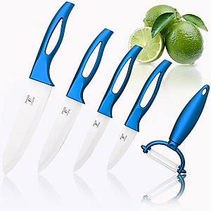 Moss & Stone Kitchen Cutlery White Ceramic Knife Set, Ceramic Knife Set and Fruit Peeler, Rust Proof & Stain Resistant, Kitchen Cooking Knife Set 5 pieces Blue Knives