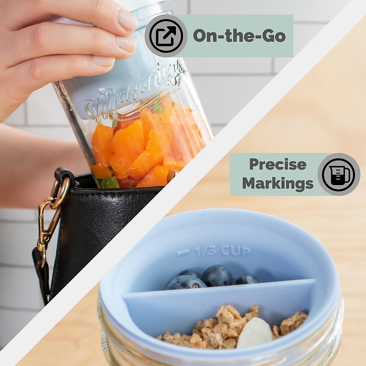 Masontops Snack Stack - Mason Jar Divider Overnight Oats Jars Salad Jars For Wide-Mouth Mason Jars for Overnight Oats Oatmeal Container, Storage Container, Salad Jars Insert For Meal Prep To Go