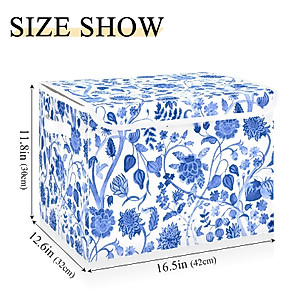 Doterii Blue Chinoiserie Blooming Flowers Storage Bin with Lid Fabric Foldable Cube Baskets Closet Toy Organizer