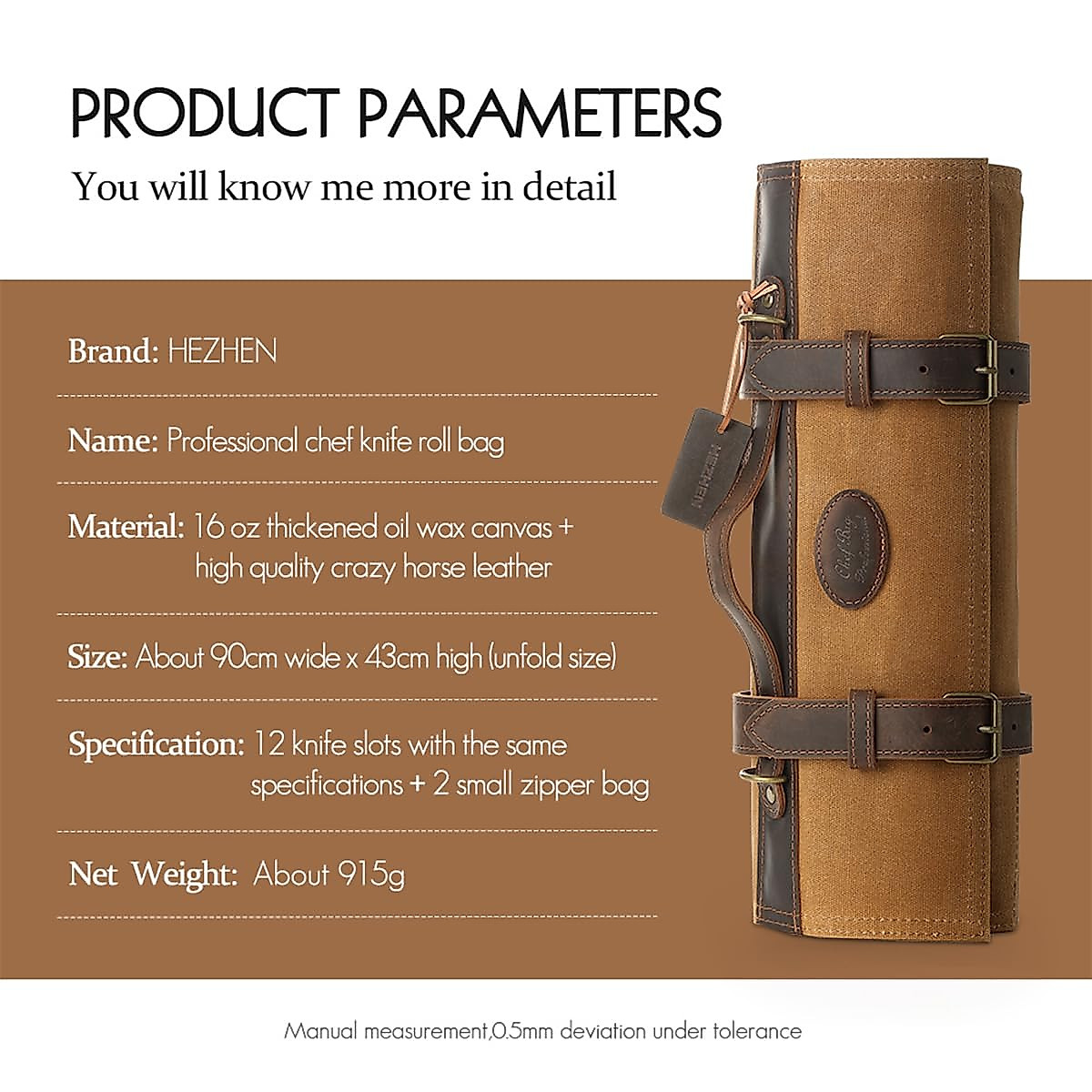 Chef Knife Roll Bag 16oz Oil Waxed Canvas with Cazy Horse Leather, 12 Slots & 2 Zipper Pockets, Portable Backpack Knife Case Storage, Detachable Adjustable Shoulder Strap Belt(Not Included Knives)