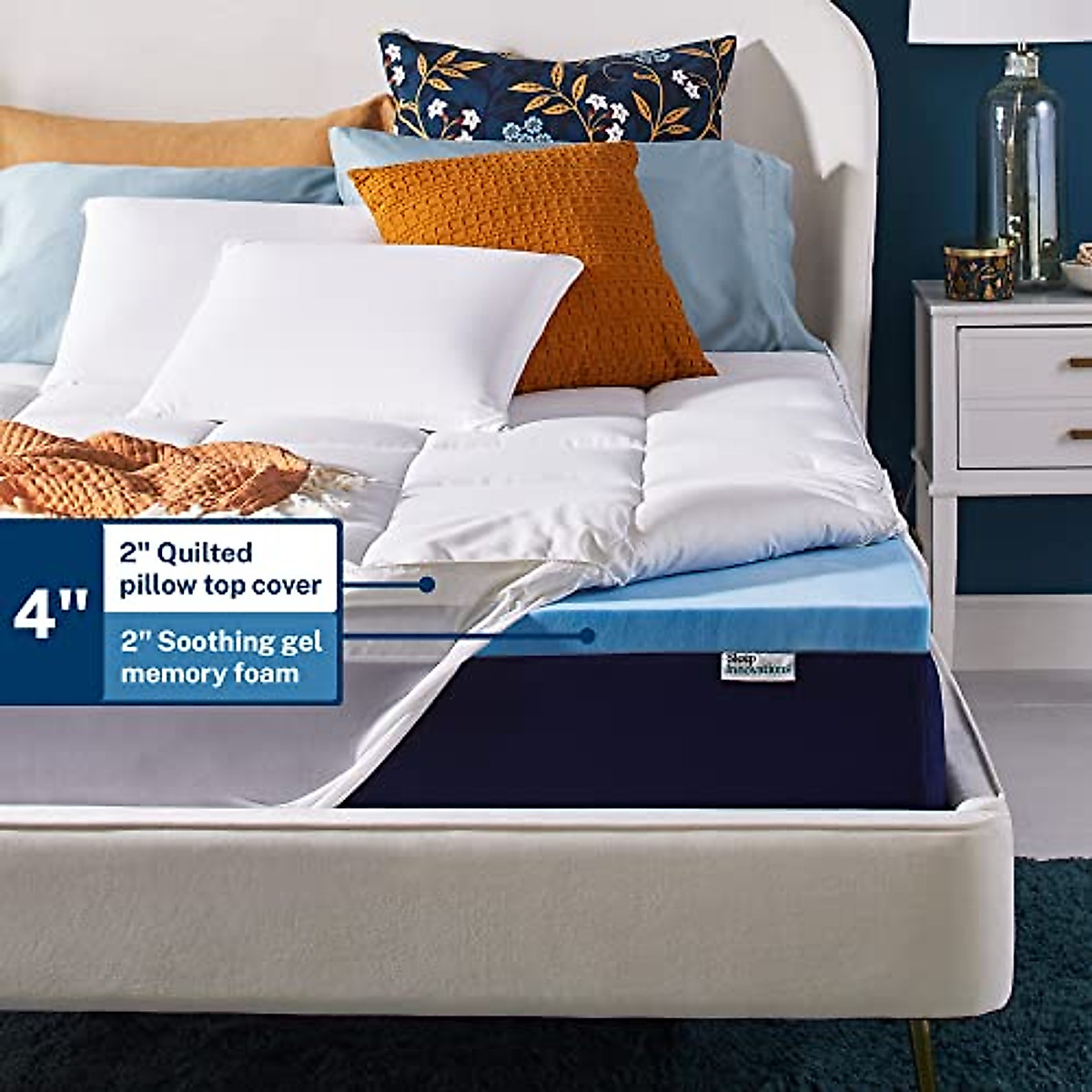 Sleep Innovations Dual Layer 4 Inch Memory Foam Mattress Topper, Queen Size, Medium Support, 2 Inch Cooling Gel Memory Foam Plus 2 Inch Pillow Top Cover