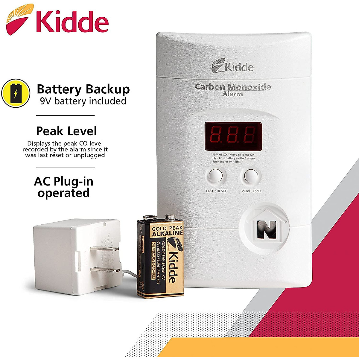 Kidde Carbon Monoxide Detector, Plug In Wall with 9-Volt Battery Backup, Digital LED Display, 2 Pack