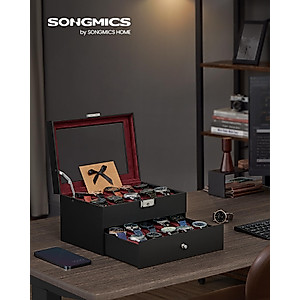 SONGMICS 20-Slot Watch Box, Watch Case with Glass Lid, 2 Layers, Lockable Watch Display Case, Black Synthetic Leather, Wine Red Lining UJWB020R01