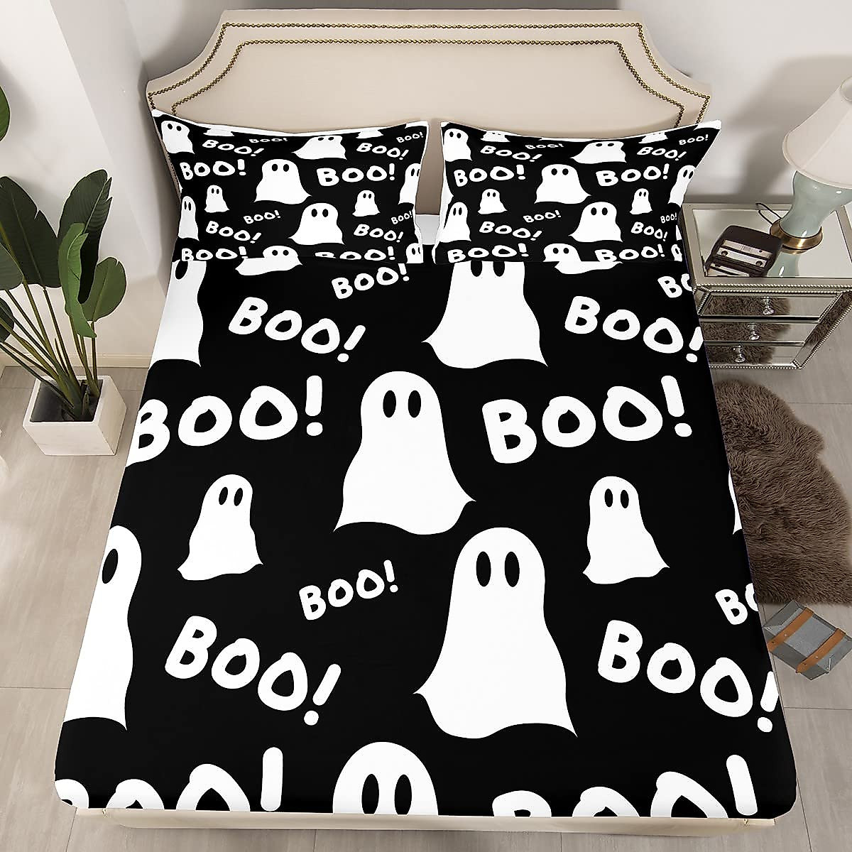 Castle Fairy Funny Ghost Fitted Sheet Queen Size Happy Halloween Theme Bedding Set Black White Sheet Set,Cartoon Ghost Bed Cover Ultra Soft Breathable Bedspread 3 Pcs for Kids Teens Boys